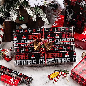 Merture Red and Black Christmas Wrapping Paper Set, Pixel Christmas Gift Paper Jumbo Roll with Reindeer, Snowflake, Christmas Text, Santa Hat, Buffalo Plaid - 4 Rolls - 30 In x 10 Ft per Roll