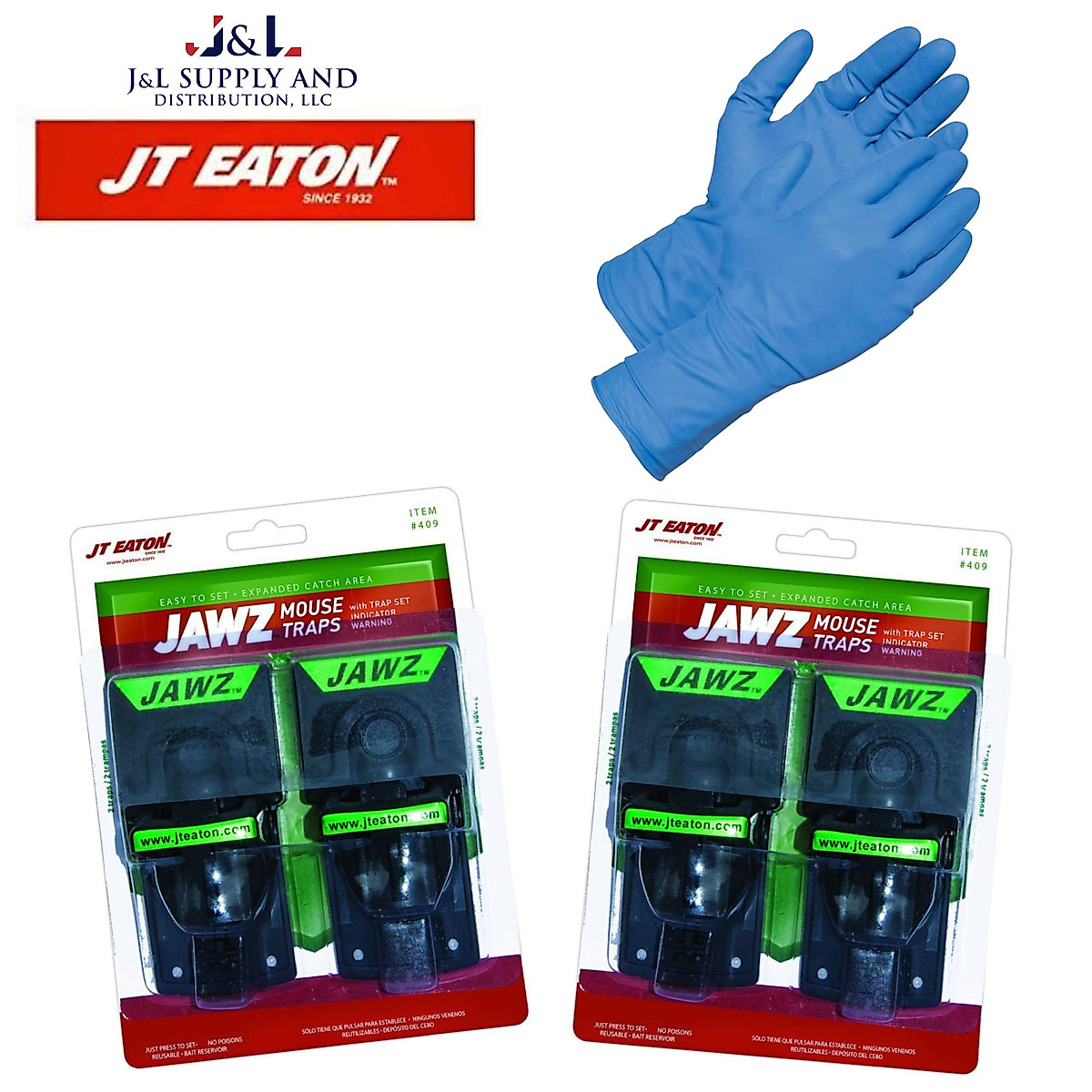 JT Eaton Jawz Mouse Traps Latex Free Glove Bundle for use with Solid or Liquid Baits - J&L Supply