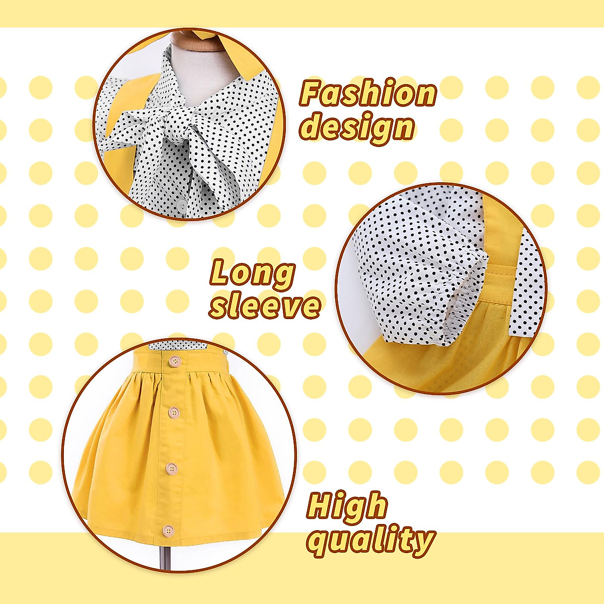 YOUNGER TREE Toddler Girl Outfits 1-4 T Long Sleeve Shirt Overall Skirt Headband Set School Uniform Dress (Polka Dot Blouse + Yellow Suspender Skirt Headband 3PC Set, 4T)