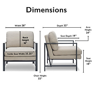 Tommy Hilfiger Russell AccentChair, Medium-Soft Pillow Back, Mid-Century Modern & Industrial Armchair, Comfortable LoungeChair for Living Room, Bedroom, or Office, Gray Square Metal Frame in Linen