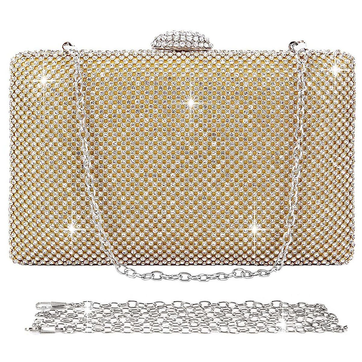 Pinprin Ladies Sparkly Rhinestones Evening Clutches Women's Crystal Diamante Evening Bag Prom Wedding Handbag Party Purse (Gold)
