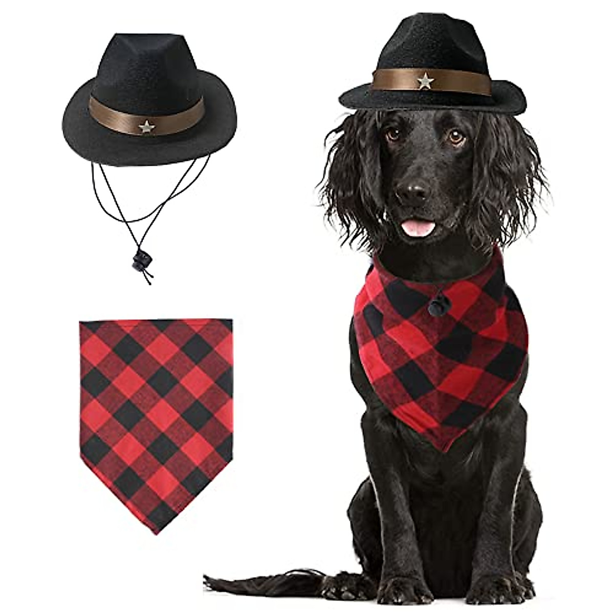 ANIAC Pet Dog Cowboy Hat and Plaid Bandana Set Cat Cowboy Costume Puppy Adjustable Cowboy Cosplay Cap with Scarf for Birthday Halloween Holiday Festival and Daily Wear (Black)