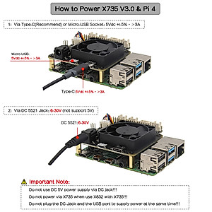 Geekworm Raspberry Pi 4B/3B+/3B X735 V3.0 DC 6V-30V Width Voltage Input Power Management Board + DC 12V 5A 60W Power Adapter Compatible with Raspberry Pi 4 Model B