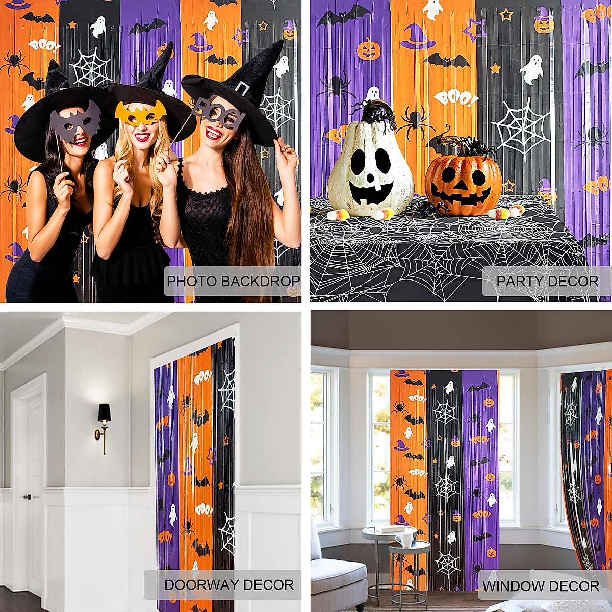 6.6 X 6.6 ft Halloween Tinsel Foil Fringe Curtain, Halloween Party Photo Backdrop, Halloween Photo Booth Prop Streamer Backdrop for Halloween Party, Halloween Birthday Party