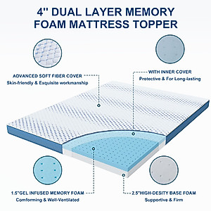 Maxzzz Queen Size 4 Inch Firm Memory Foam Mattress Topper, Gel Infused Bed Topper with High Density Extra Firm Foam-Relieve Back Pain, Mattress Pad with Removable Cover