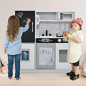 MAT EXPERT Kids Kitchen Playset, Wooden Chef Pretend Toy Kitchen w/Chalkboard, Ice Maker, Cookware Accessories, Telephone, Oven, Microwave, Play Kitchen for Toddlers, Gift for Boys Girls 3+ (White)