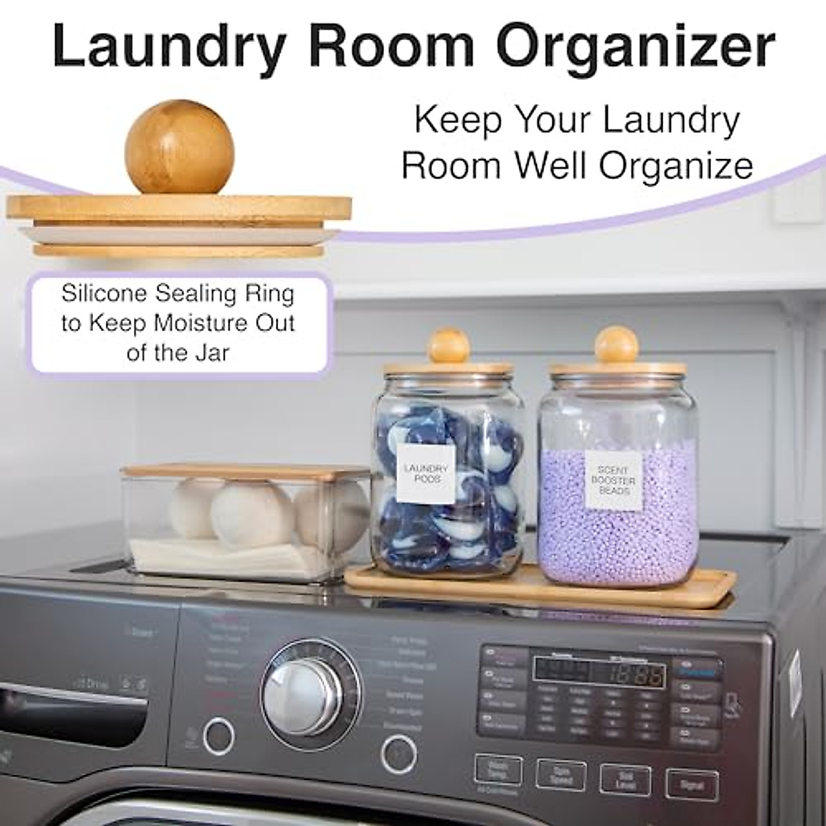Glass Laundry Jars with Airtight Lids - Kitchen & Laundry Room Organization Containers with Dryer Sheet Holder,Bamboo Tray - Laundry Detergent Powder Half Gallon Storage Canisters with Labels