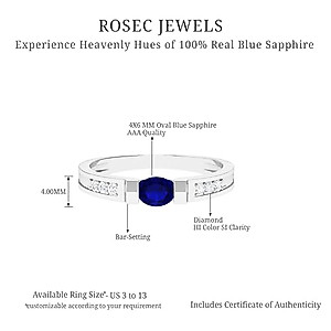 Rosec Jewels Certified Natural Blue Sapphire Solitaire Band Ring for Women, AAA Quality, Sapphire Diamond Band - Ready to Gift, 14K White Gold, Size:US 9.00
