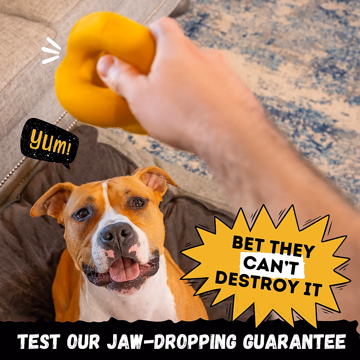 WoofBite Indestructible Ring Ball - Lifetime Replacement - for Aggressive Chewers, Medium Large Breed - Non-Toxic Natural Rubber Dog Toys - Butter Scent, Yellow (Highly Visible Color for Dogs) - 4.5”