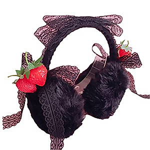 kaixinbukaixin Ear Muffs Cat Ear White Strawberry Black Lolita Cute Ear Muffs Winter Ear Warmers Faux Fur Outdoor Ear Covers,Black Strawberry