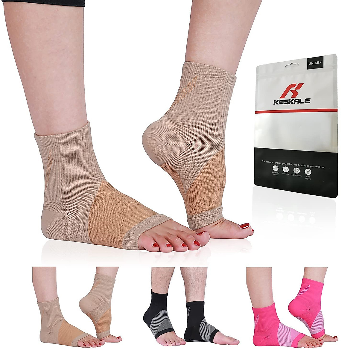 Keskale 3 Pairs Ankle Compression Sleeves for Plantar Fasciitis - Ankle Foot Brace for Injury Recovery, Open toe Neuropathy Socks, Toeless Ankle Compression Socks for Women & Men (Multi, S)