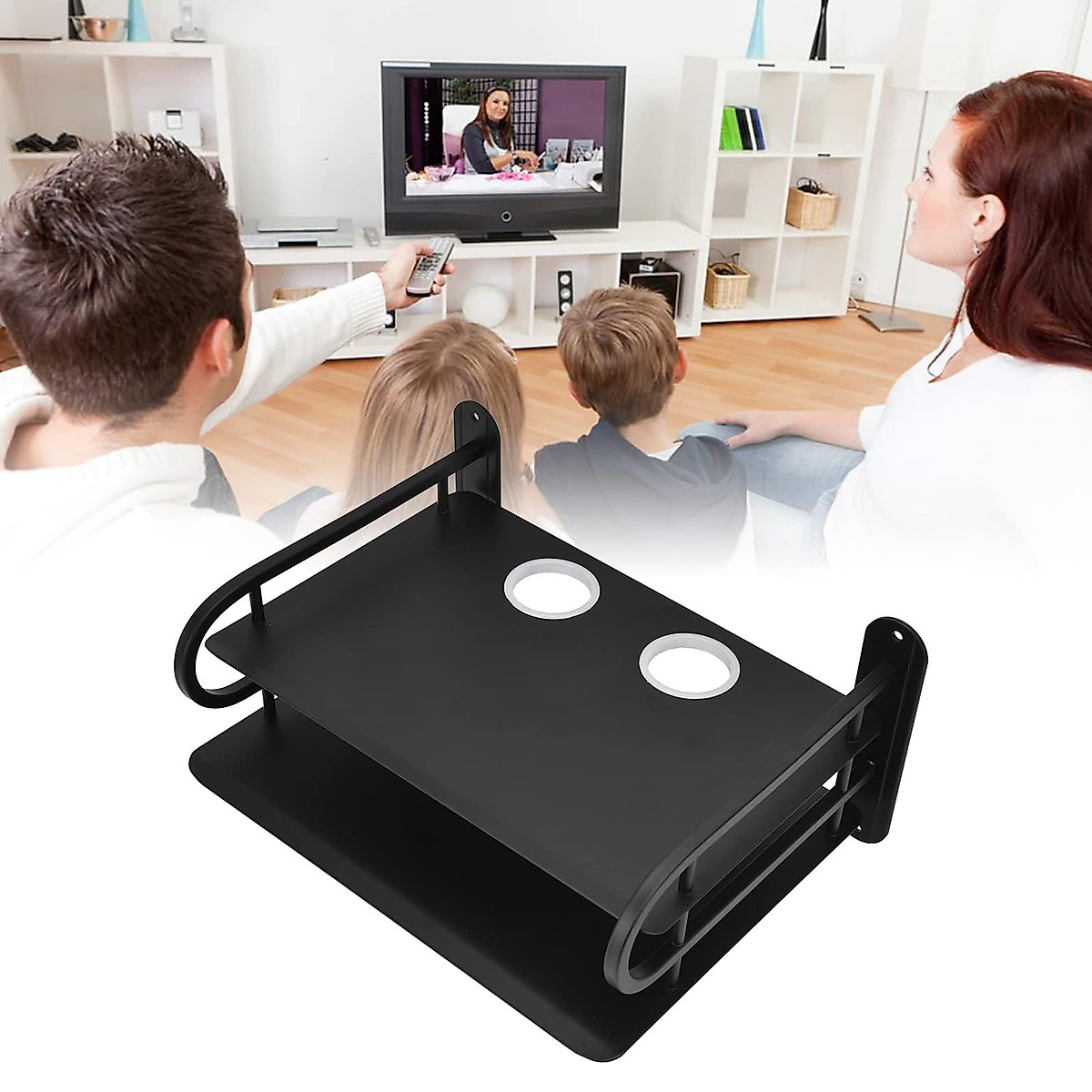 Floating Shelf for TV Set Top Box Router Game Consoles, Double Layer TV Box Shelves Wall Mounted Router DVD Cable Box Shelf Punching Storage Rack, Floating Wall Shelf with Cable Holes