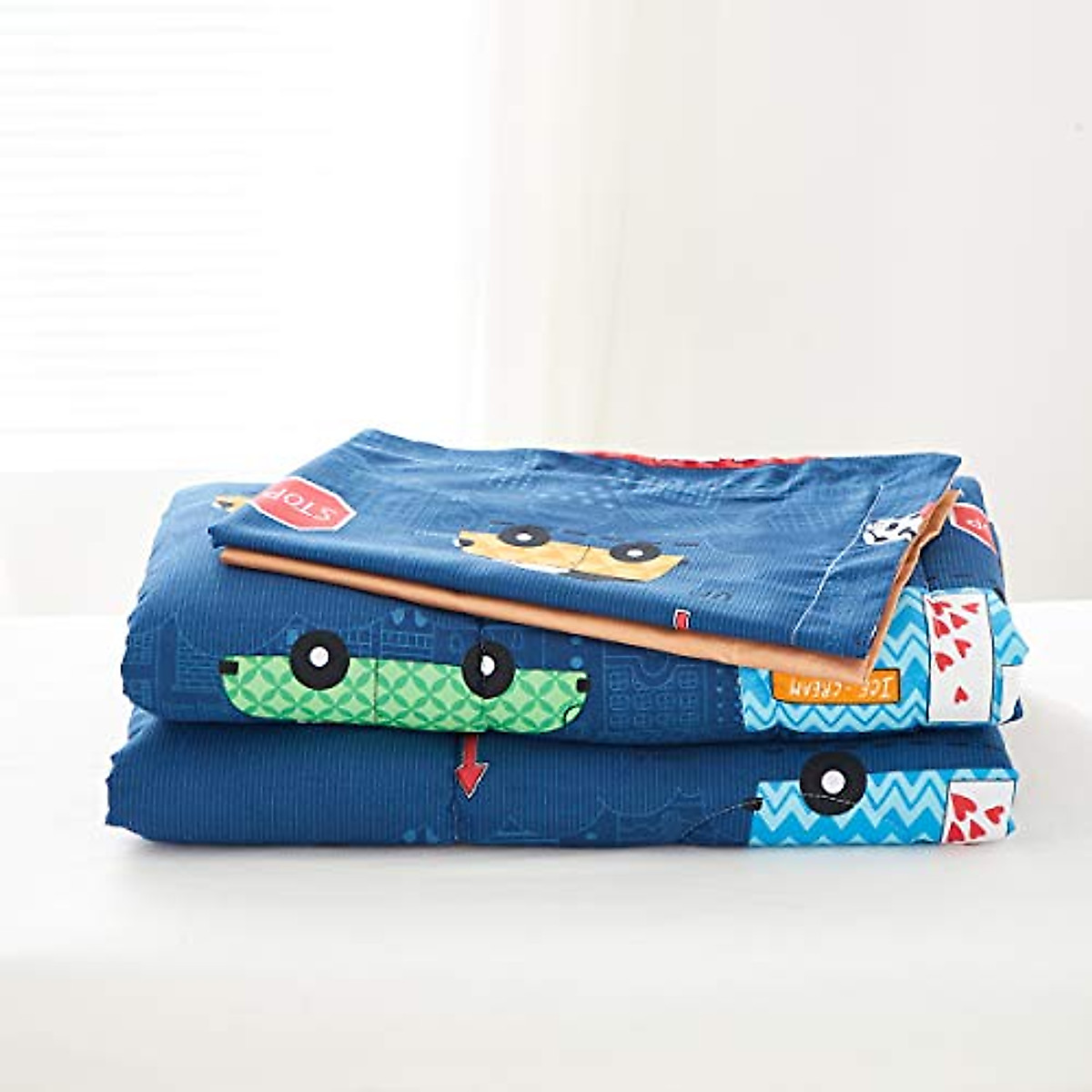 Boys Toddler Bedding Set Navy with Colorful Cars Includes 1 Boys Comforter, Flat Sheet, Fitted Sheet and Pillowcase