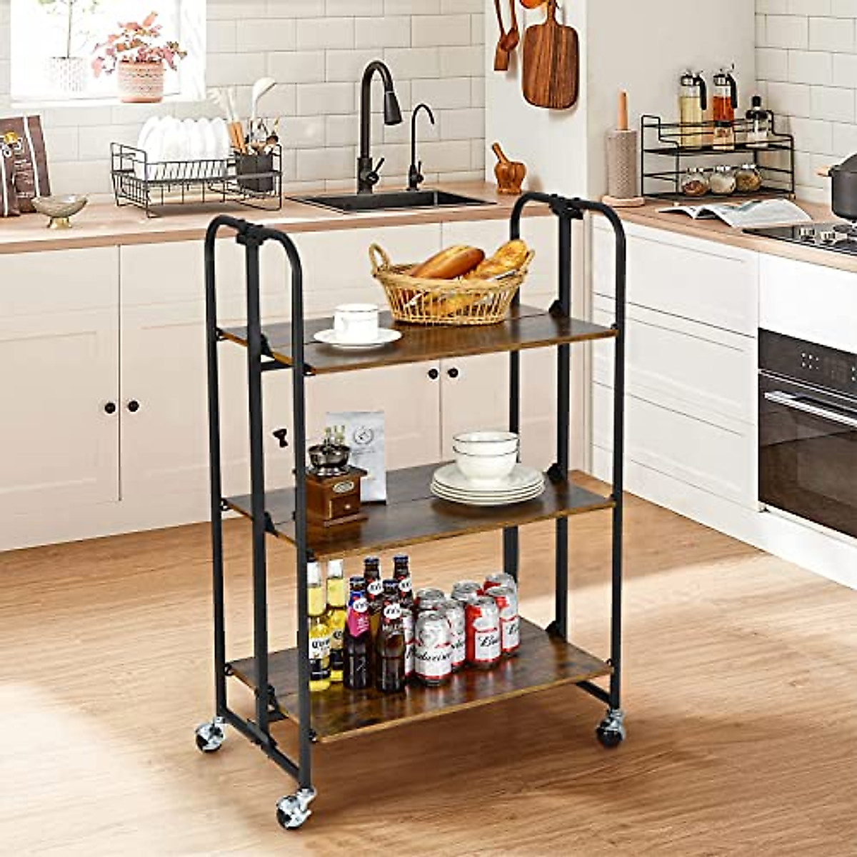 Giantex Foldable Storage Shelves with Wheels, No Assembly 3-Tier Rolling Cart, 2 of The Wheels Have Locks, Microwave Utility Cart Baker Rack, Portable Storage Rack w/Metal Frame, for Kitchen, RV