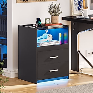 VIAGDO Nightstand with Charging Station and LED Lights, Black Night Stand with Glass Top and Storage Drawers, End Side Tables with Pull-Out Tray and USB Ports, Modern Bedside Tables for Bedroom