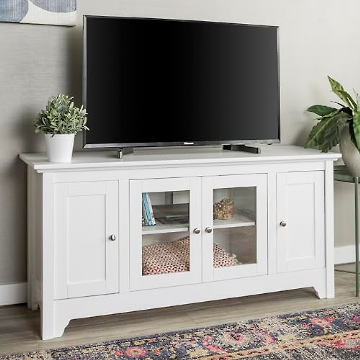 Walker Edison Wood Universal TV Stand with Storage Cabinets for TV's up to 58" Flat Screen Living Room Entertainment Center, White, White