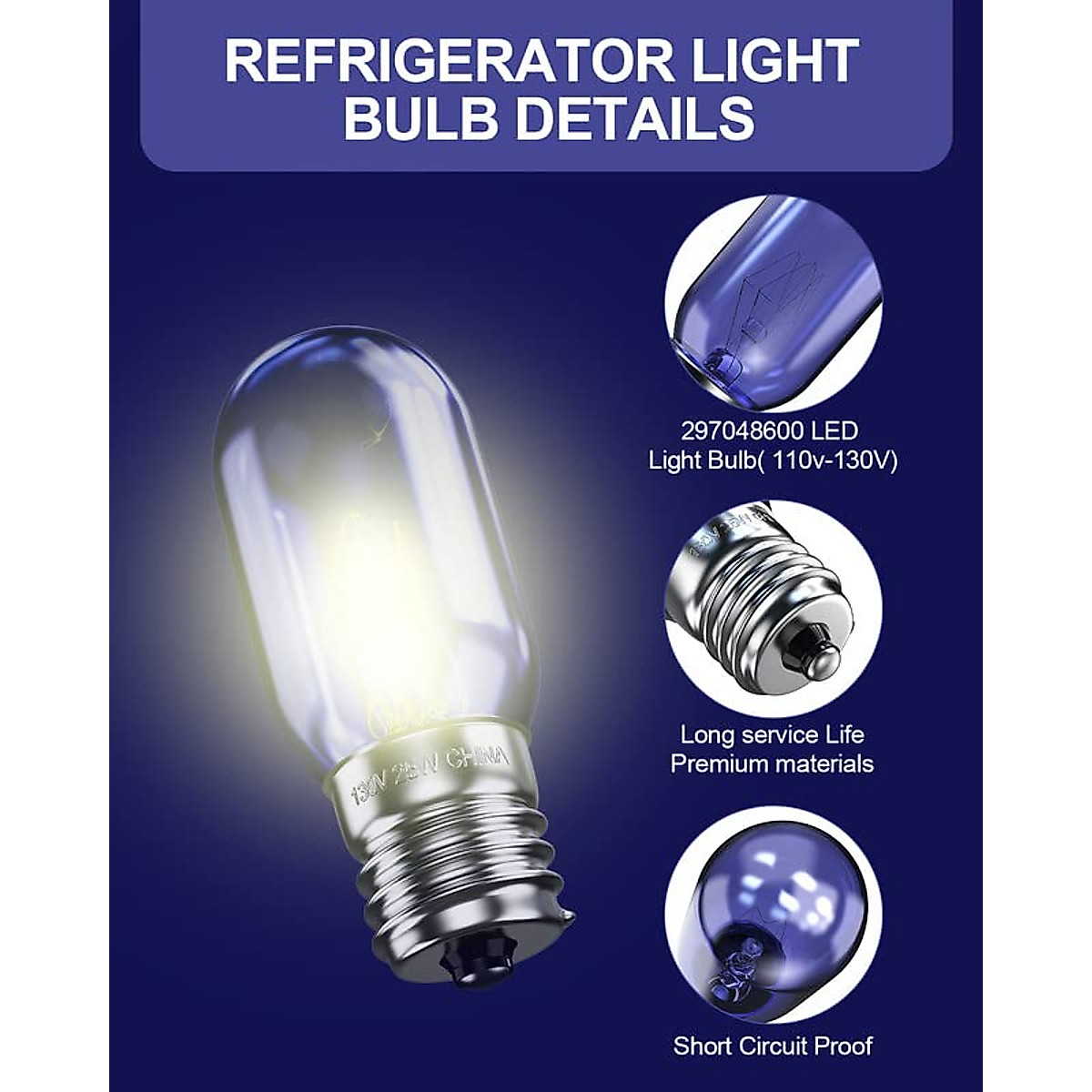 Premium 297048600 241552802 Refrigerator Light Bulb Replacement for T8 40W Freezer Fridge Light Bulb Compatible with Whirlpool KitchenAid Electrolx Kenmore Frigidaire -10 Years Warranty 2PCS