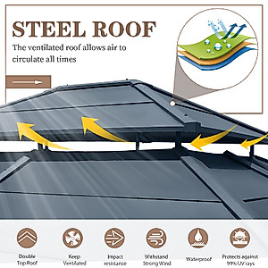 EROMMY 12'x14' Metal Steel Gazebo, Outdoor Aluminum Hardtop Canopy with Netting and Shaded Curtains, Double Roof Pergolas, Permanent Metal Pavilion for Patio, Backyard, Deck and Lawns Dark Bronze