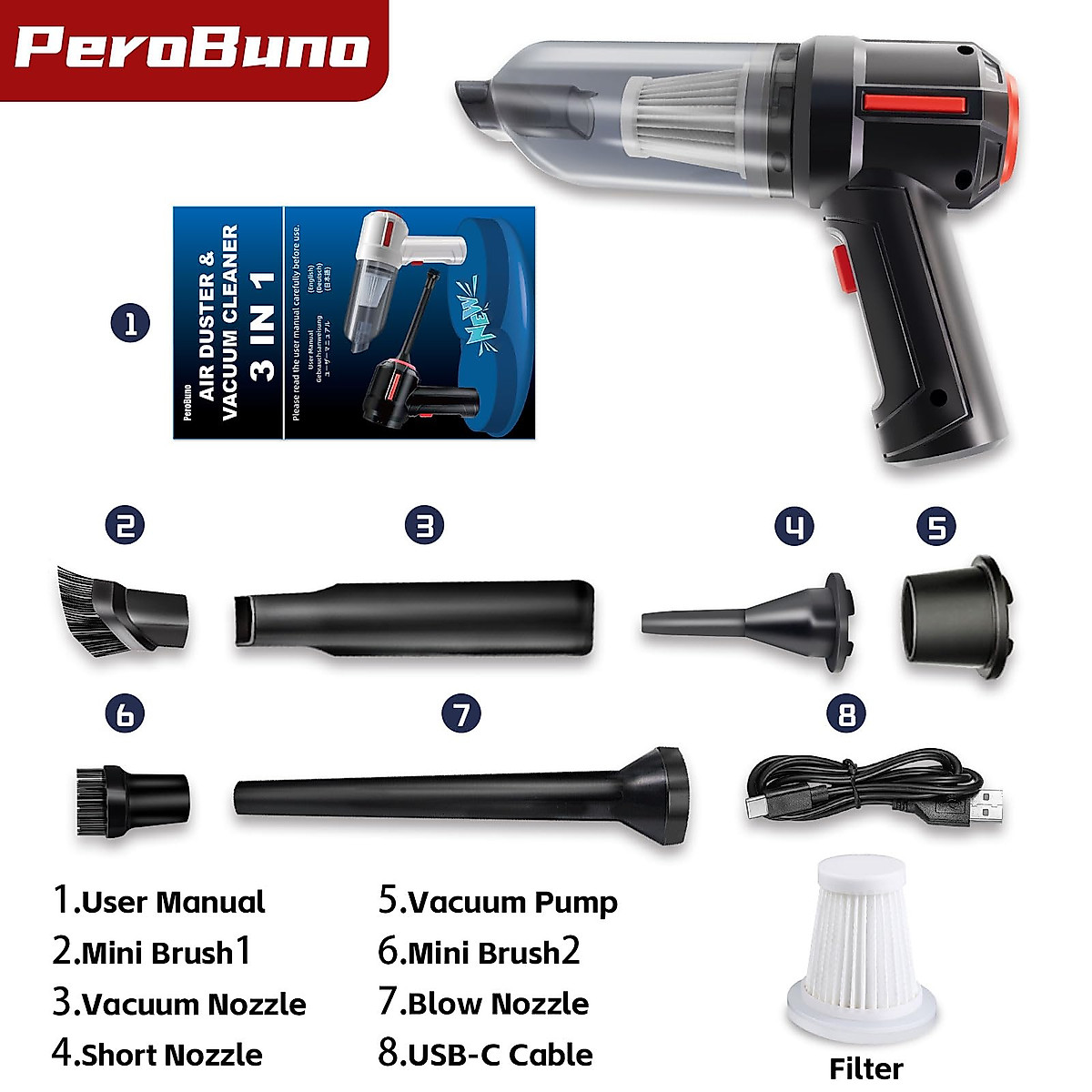 PeroBuno 3-in-1 Computer Vacuum Cleaner - Air Duster - for Keyboard Cleaning - Cordless Canned Air - Powerful 45000RPM - Energy-Efficient - Compressed Air