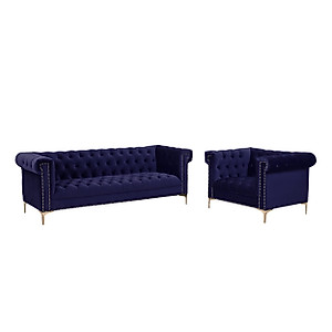 Iconic Home Gold/Navy Bea Velvet with Nail head Trim Tone Metal Sofa