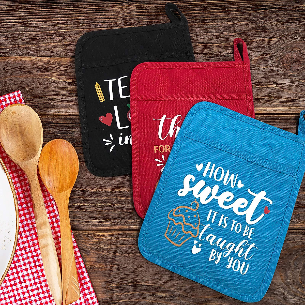 Teacher Appreciation Gifts for Woman Funny Pot Holders Set of 3 - Heat Resistant Microwave Oven Mitt Potholders with Hand Pocket and Hanging Loop End of The Year Teacher Gift