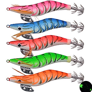 Glow Squid Jigs Saltwater Fishing Lures 10pcs Shrimp Prawn Lures Luminous for Cuttlefish Octopus Fishing Lures Kit