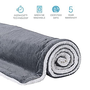 Pure Enrichment® PureRelief™ Plush Heated Throw (50” x 60”) - 4 InstaHeat™ Settings, Soft Micromink & Sherpa Fabric, Machine Washable with Storage Bag - Cozy Electric Blanket for Couch or Bed Use
