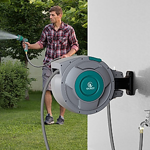 Gilbest Retractable Hose Reel, 5/8 "x 100 ft Retractable Garden Hose, Wall Mounted Retractable Hose, Retractable Water Hose with 10-Function Hose Nozzle, Any Length Lock/Heavy Duty/180°Swivel Bracket