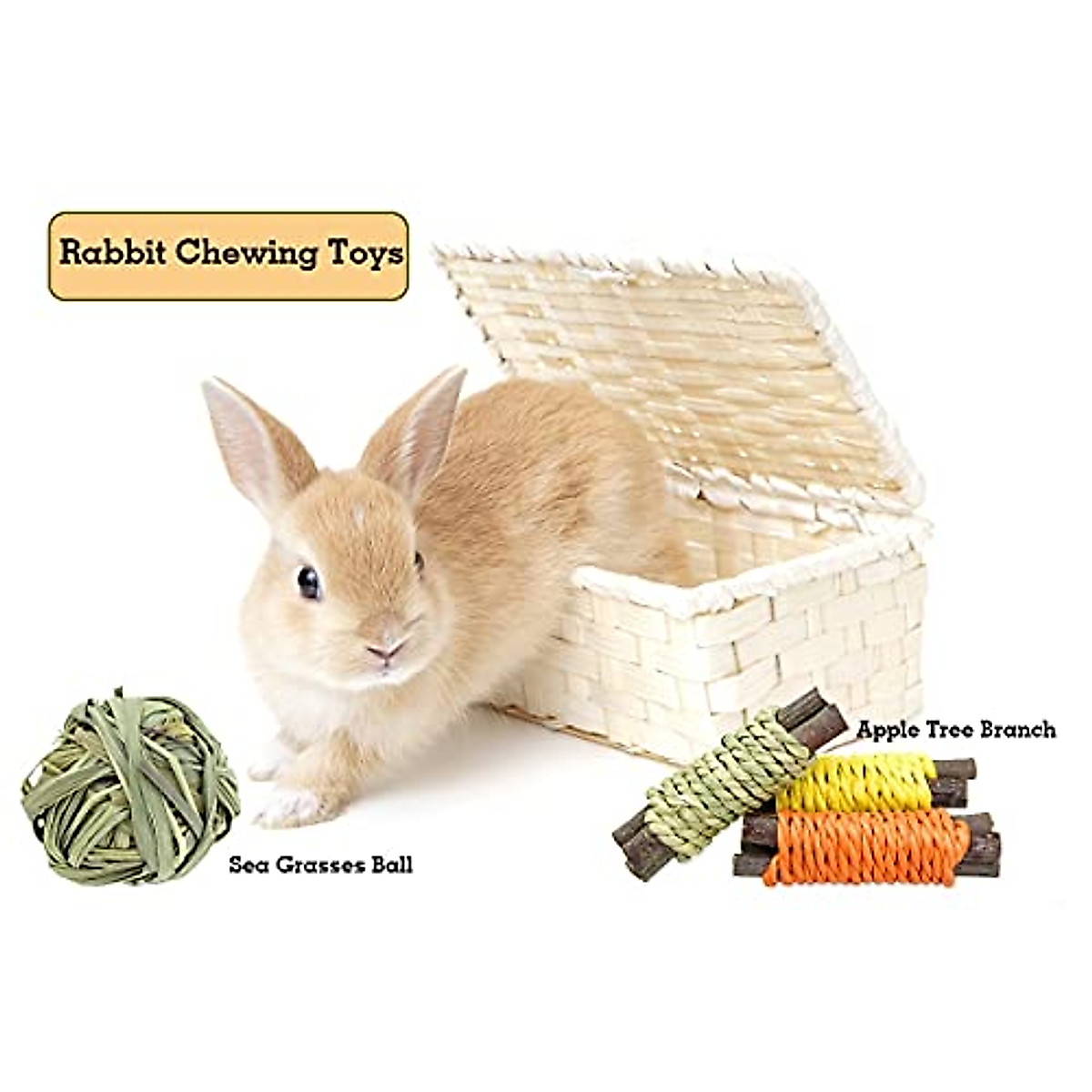 CooShou 13Pcs Rabbit Chew Toys for Small Animals - Bunny Natural Hay Activity Balls Rabbit Apple Sticks Sweet Bamboo Timothy Hay Sticks Grass Carrots for Hamster Guinea Pig Dental Health