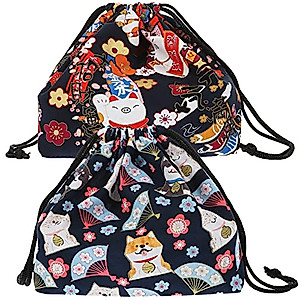 Healeved 2Pcs Japanese Style Lunch Bag Drawstring Lunch Bag Reusable Bento Box Bag Lunch Box Bag