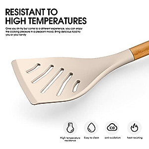Large Silicone Cooking Utensils Set - Heat Resistant Silicone Utensils for Cooking w Long Wooden Handles, Kitchen Utensil Spatula Set, Kitchen Gadgets for Non-Stick Cookware, BPA Free(Khaki)