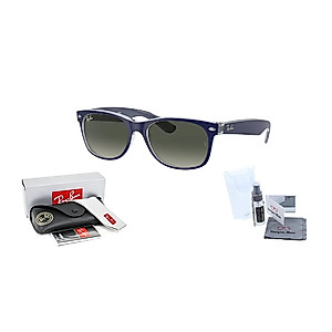 Ray-Ban RB2132 NEW WAYFARER Square Sunglasses For Men For Women + BUNDLE with Designer iWear Eyewear Kit (Matte Blue on Transparent/Crystal Lens Light Grey Gradient Dark Grey)