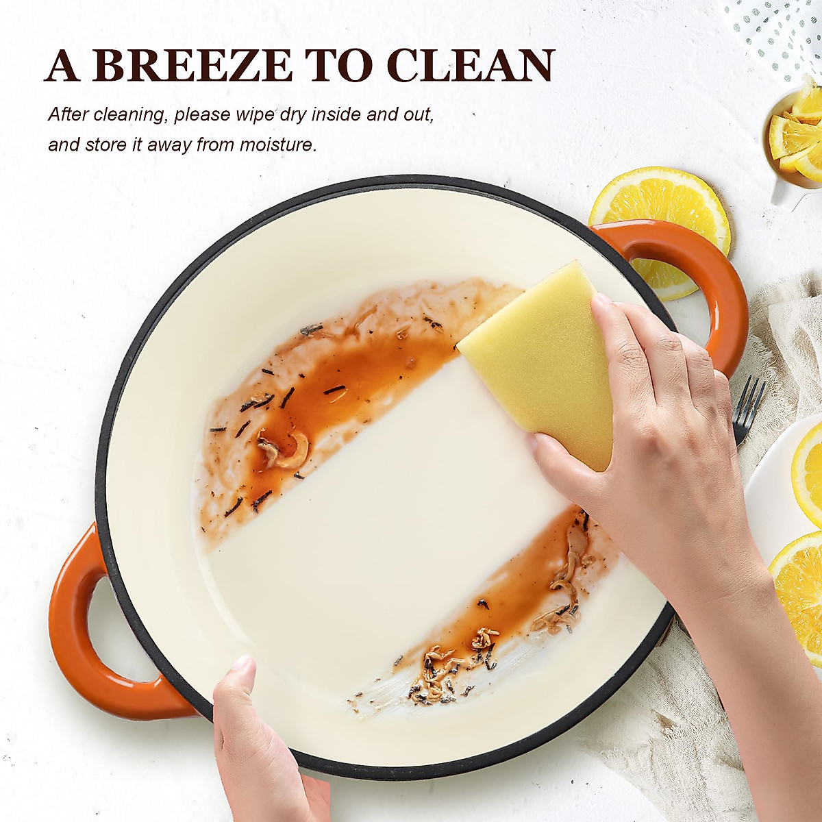 Overmont Enameled Cast Iron Dutch Oven - 5.5QT Pot with Lid Cookbook & Cotton Potholders - Heavy-Duty Cookware for Braising, Stews, Roasting, Bread Baking orange