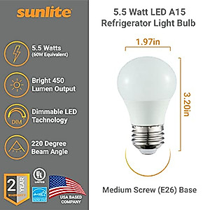 Sunlite 80218-SU LED A15 Refrigerator Light Bulb, 5.5 Watts (40W Equivalent), 450 Lumens, Medium Base (E26), Dimmable, Frosted Finish, UL Listed, Energy Star, 40K - Cool White, 1 Pack
