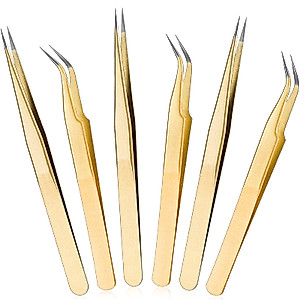 6 Pieces Eyelash Extension Tweezers, Straight and Curved Tip Stainless Steel Tweezers Nippers Volume Lash Tweezers for Eyelash Extensions False Lash Application Tools (Gold)