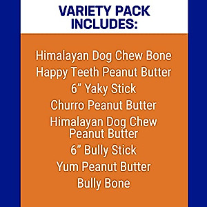 Himalayan Pet Supply PB Love 1 Peanut Butter Cheese Chew 4 PB Cheese Churro 3 PB Cheese Yum 2 PB Happy Teeth 1 Chew Bone 1 yakyStick 1 Bully Stick 1 Cheese and Bully Stick Bully Bone, orange
