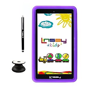 LINSAY 7" 2GB RAM 32GB Storage Android 12 Tablet with Purple Kids Defender Case, Pop Holder and Pen Stylus
