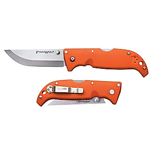 Cold Steel Finn Wolf 3.5in AUS8A Razor-Sharp Straight Back Blade 4.375in Griv-Ex Blaze Orange Handle Hunting Folding Knife, Boxed