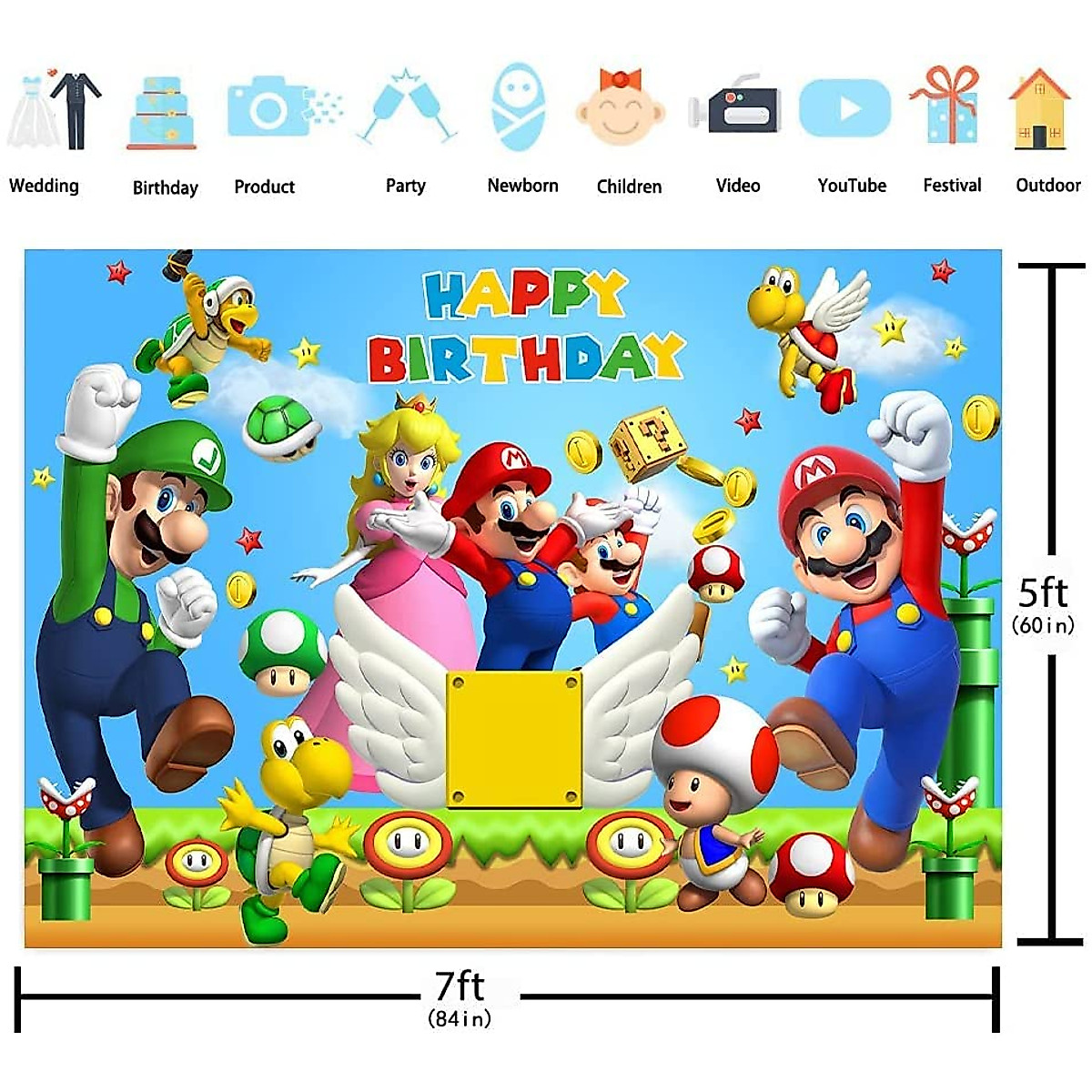 Sakurar SK Mario Birthday Bakdrop Adventure Game Video Mario and Princess Peach Backdrop Vinyl Birthday Party Baby Shower Decoration Mario Party Background 7x5ft