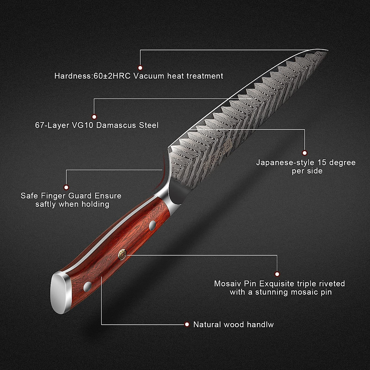 Chef Knife Damascus 8 Inch Japanese Professional Gyuto Vg10, High Carbon Steel Core With 67 Layer Stainless Steel Forged For Kitchen Cooking with Wood Handle