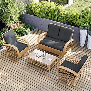 UPHA Patio Outdoor Furniture Set, Beige PE Rattan Patio Conversation Sets, 4 Pieces Wicker Patio Set with Loveseat, 2 Chairs, Coffee Table and Cushions for Backyard, Porch,Darkgrey
