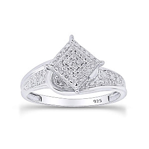 Jewel Zone US White Natural Diamond Cluster Ring in 14k White Gold Over Sterling Silver