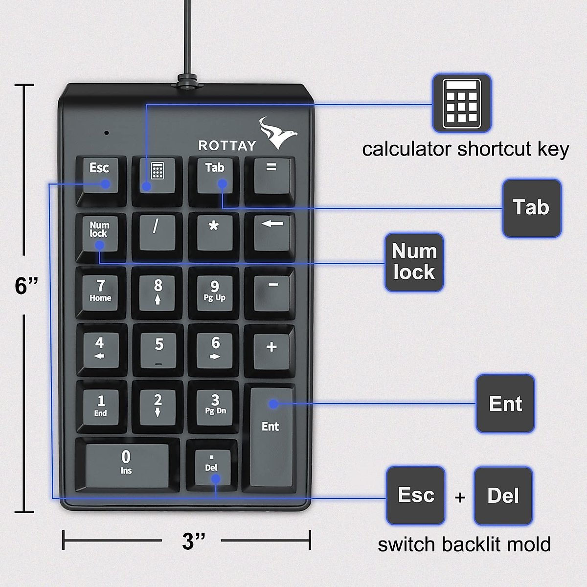 Rottay Number Pad, Mechanical USB Wired Numeric Keypad with Blue LED Backlit 22 Key Numpad for Laptop Desktop Computer PC Black (Blue switches)