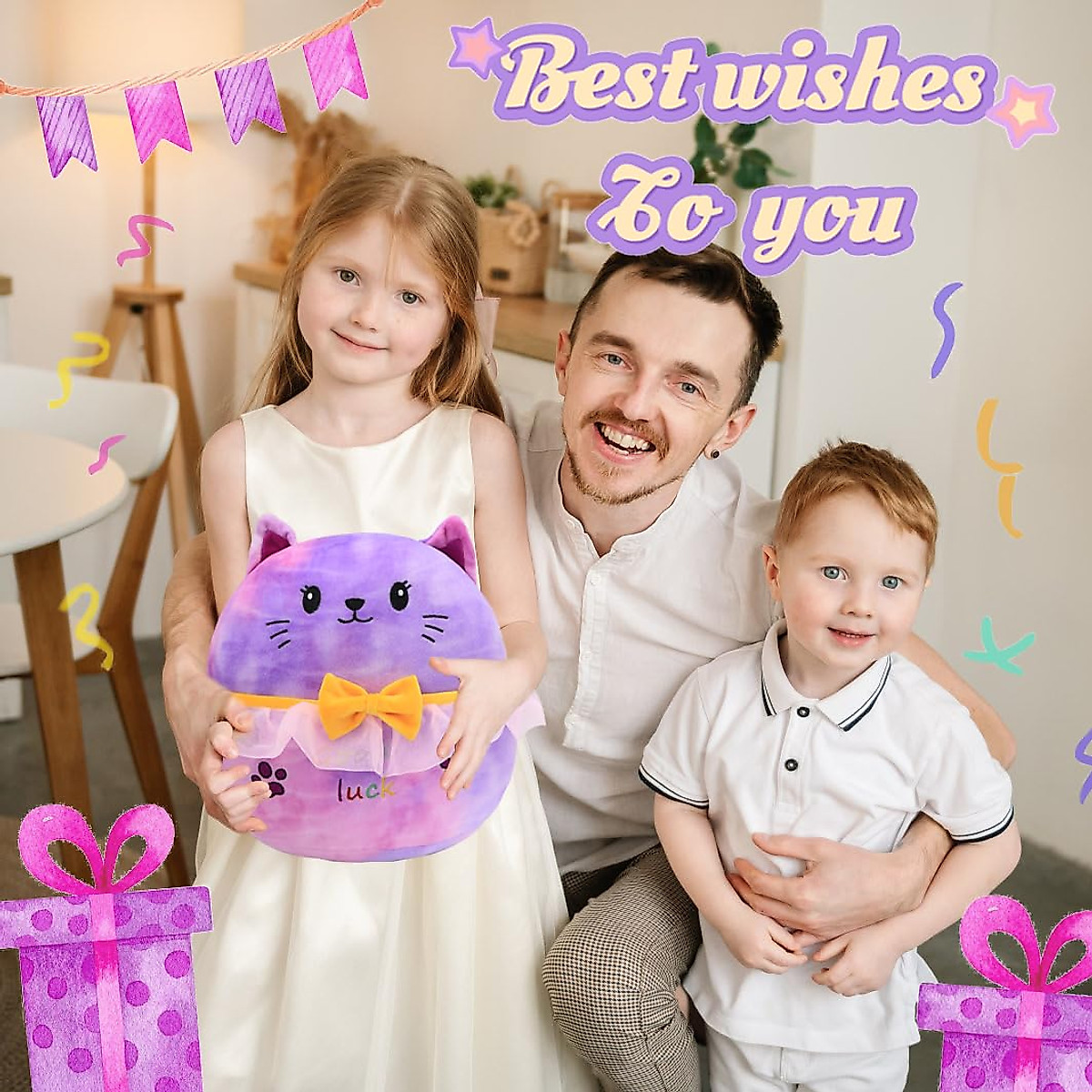 Jrystar 12’’ Good Luck Rainbow Kitty Plush Pillow Soft Cat Plush Hugging Pillow Toy Cute Kitty Stuffed Animal Doll Plushie Christmas Birthday Festival Gifts for Kids Girls