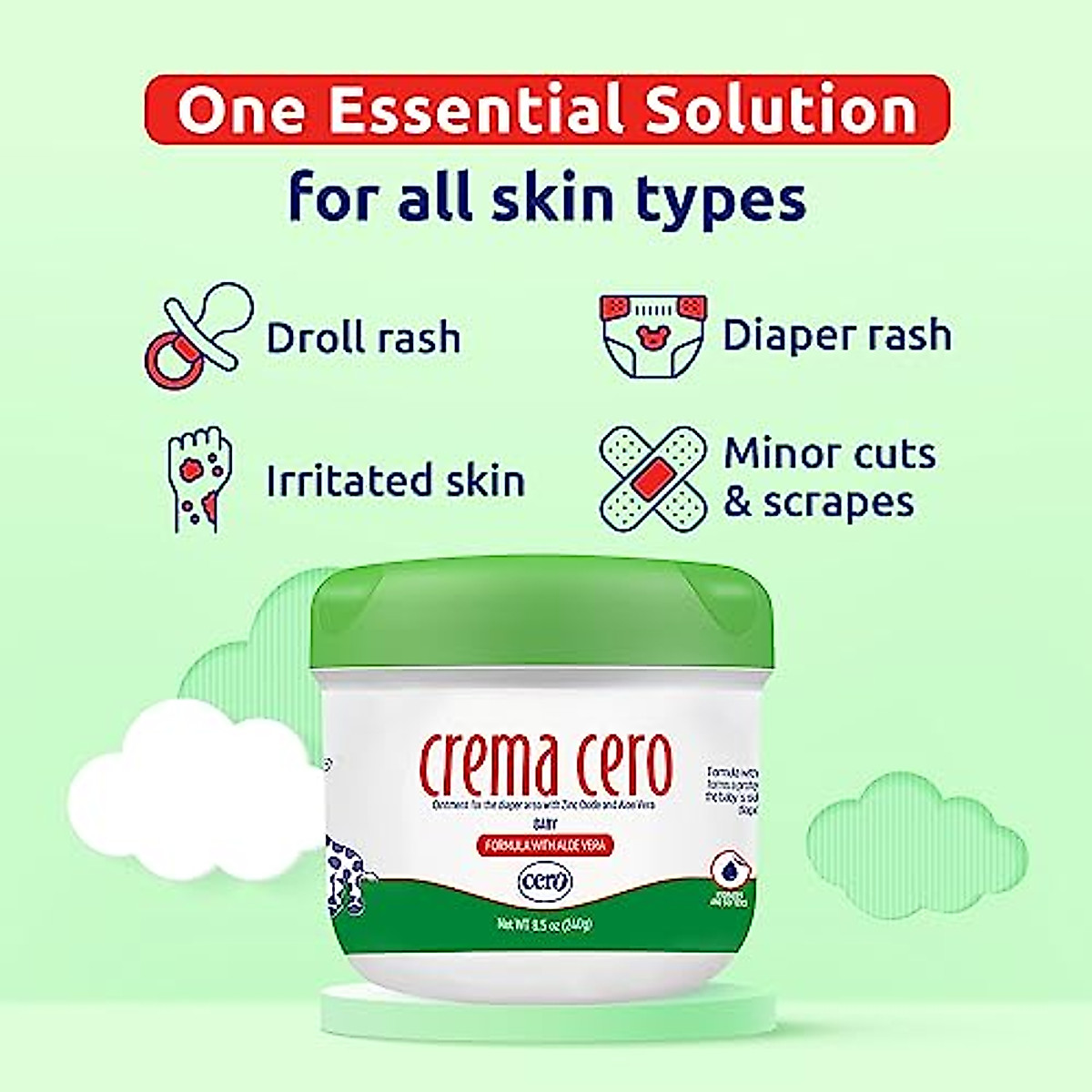 Crema Cero Diaper Rash Cream for Baby with Zinc Oxide and Aloe Vera – High-Strength Diaper Cream for Quick Relief and Protection – Hydrating and Soothing Baby Balm – Aloe Vera 8.5oz
