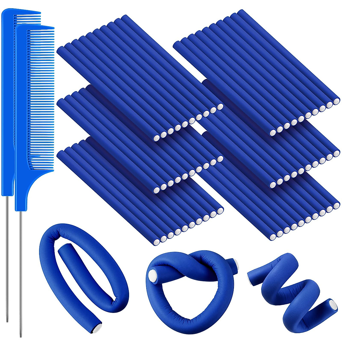 60 Flexi Rods Curling Rollers Set for Women & Girls - Flexible No-Heat Hair Curlers for Long and Short Hair (Navy Blue, 0.3 x 7 Inch)