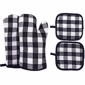 Oven Mitts and Pot Holders Set, Heat Resistant Long BBQ Gloves with Non-Slip Surface for Safe Kitchen Cooking Baking Grilling (Black)