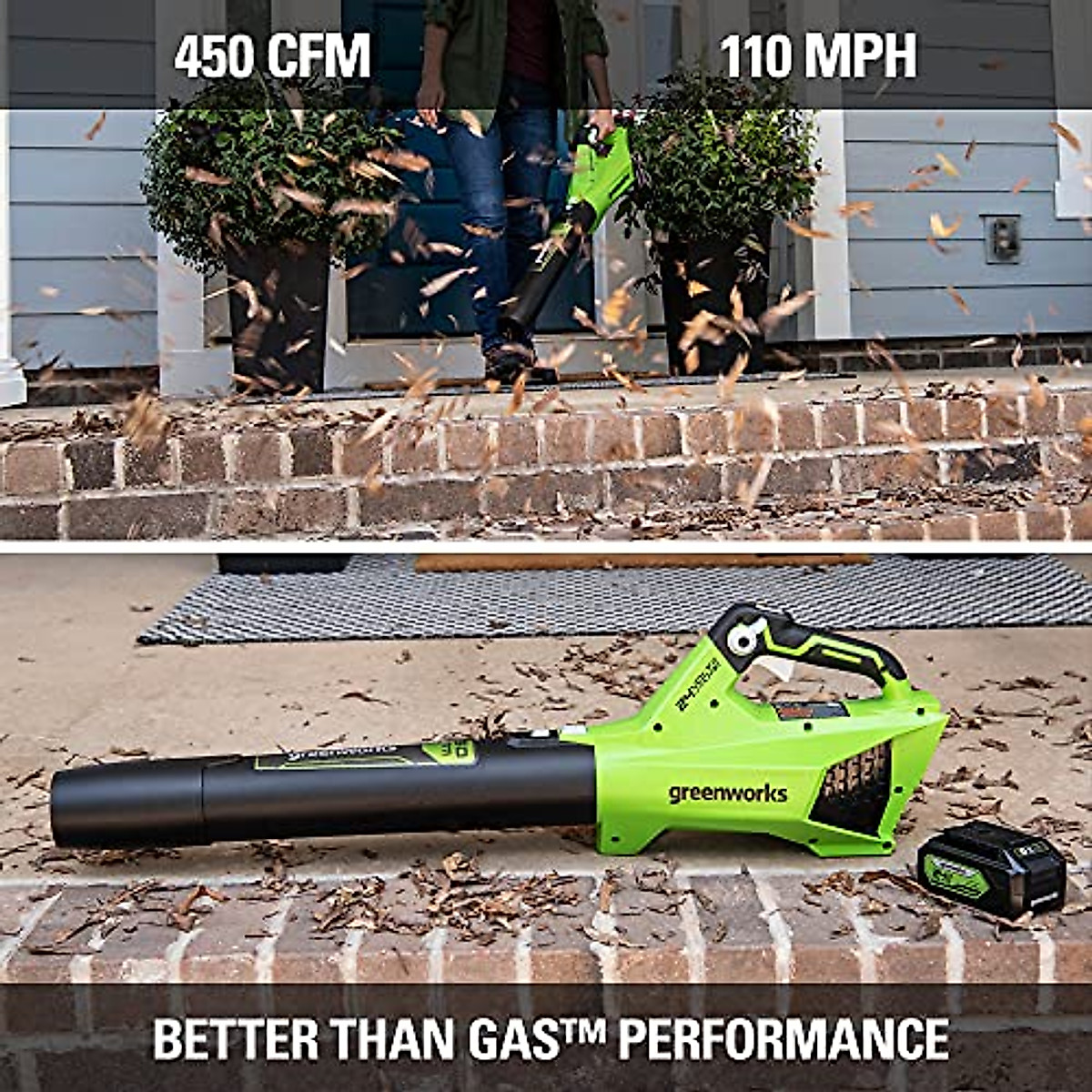 Greenworks 24V Brushless Axial Blower (110 MPH / 450 CFM), 4Ah USB Battery and Charger Included