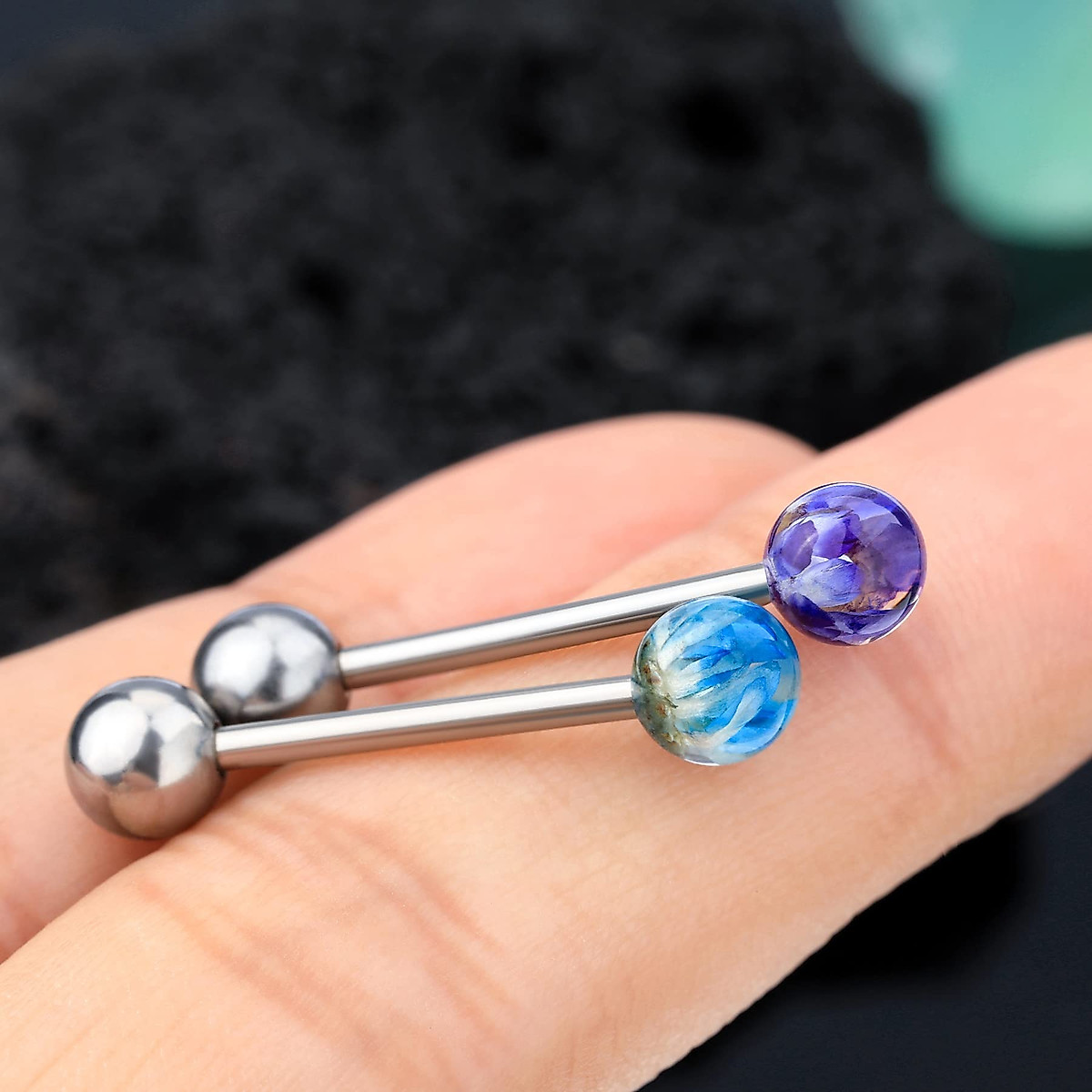 COCHARM 2pcs G23 Solid Titanium Tongue Rings for Women Purple Blue Flower Tongue Piercing Jewelryy Tongue Ring 14g Tongue Ring Tongue Bar Tongue Piercing Tongue Barbells
