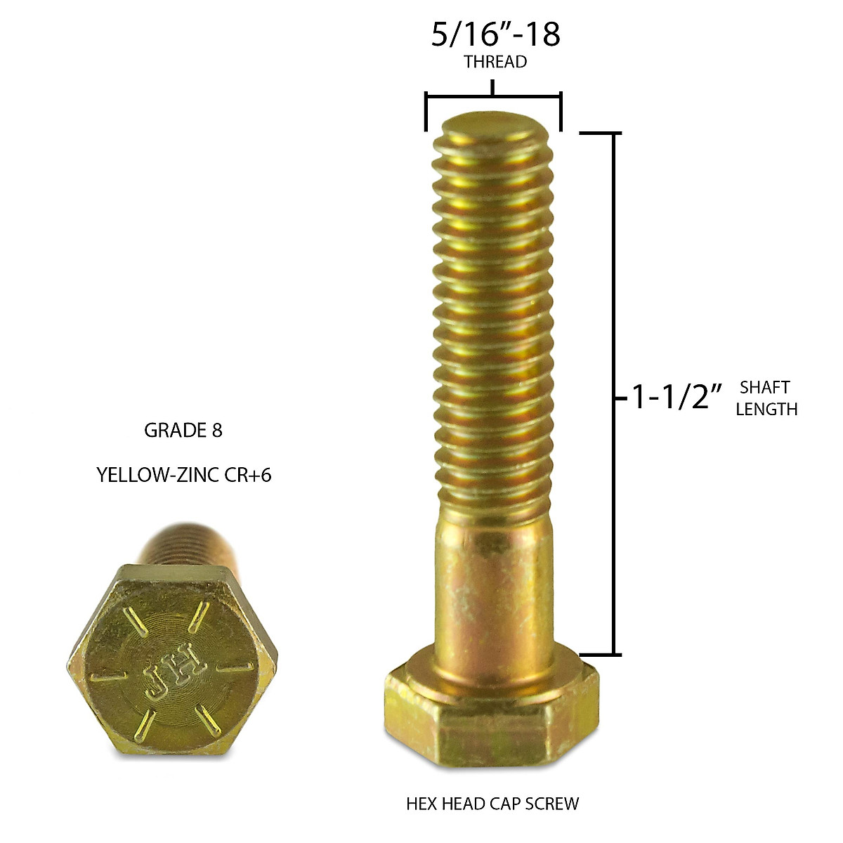 5/16"-18 X 1-1/2 Inch Bolts Hex Head Cap Screw, Grade 8, Partial-Thread, COARSE, Yellow-Zinc (10 Pack)